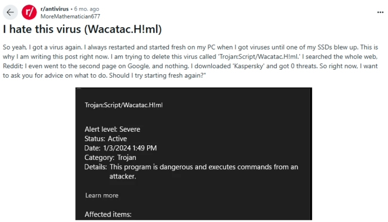 Trojan:Win32/Wacatac.H!ml False or Real? – Gridinsoft Blog