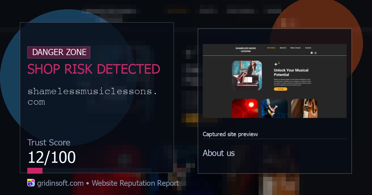 Shamelessmusiclessons.com – High-Risk Store (12/100 Trust Score)