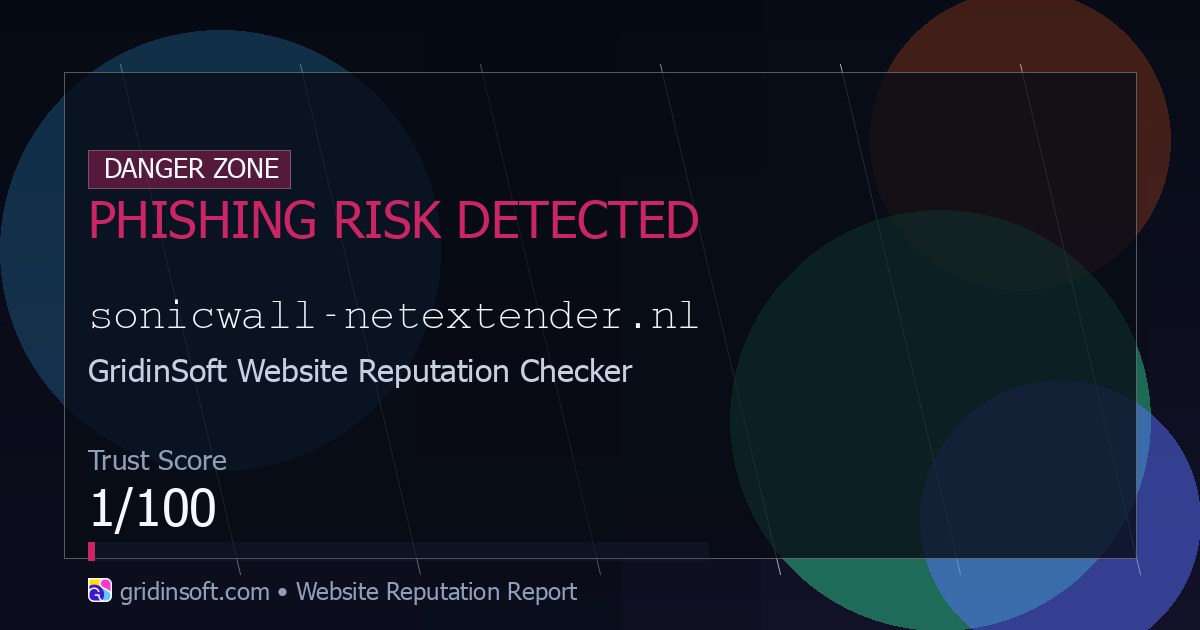 Sonicwall-netextender.nl Phishing Warning (1/100 Trust Score)